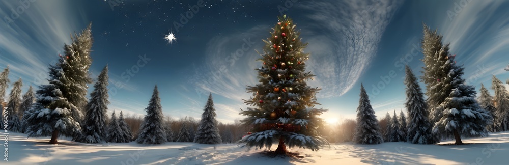 360 degree low angel of christmas tree to sky. HDRI spherical panorama ...