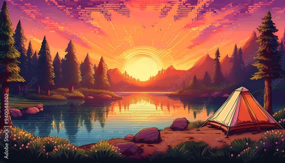 Pixelated Sunset Camping Retreat - 16-bit pixel art scene of a lake ...