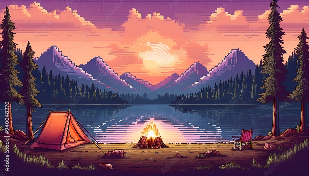 Pixelated Mountain Campground at Dusk - 16 bit pixel art depiction of a ...