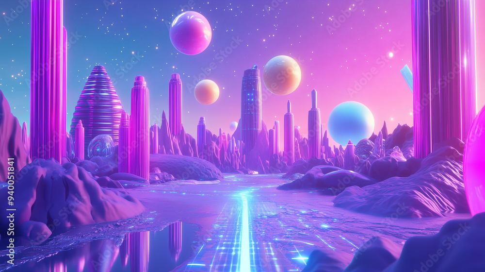 3d Retro futuristic fantasy landscape, world, travel. Acid rave concept ...