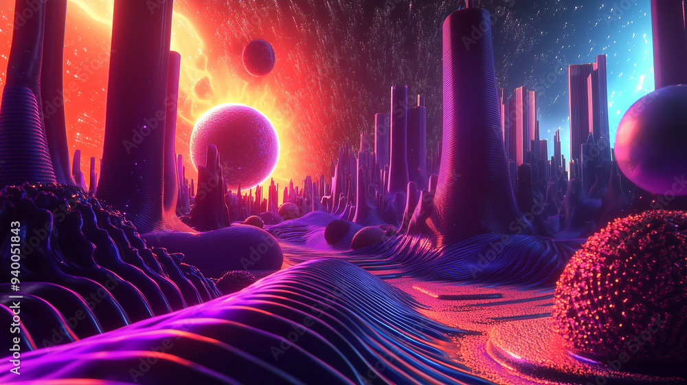 3d Retro futuristic fantasy landscape, world, travel. Acid rave concept ...
