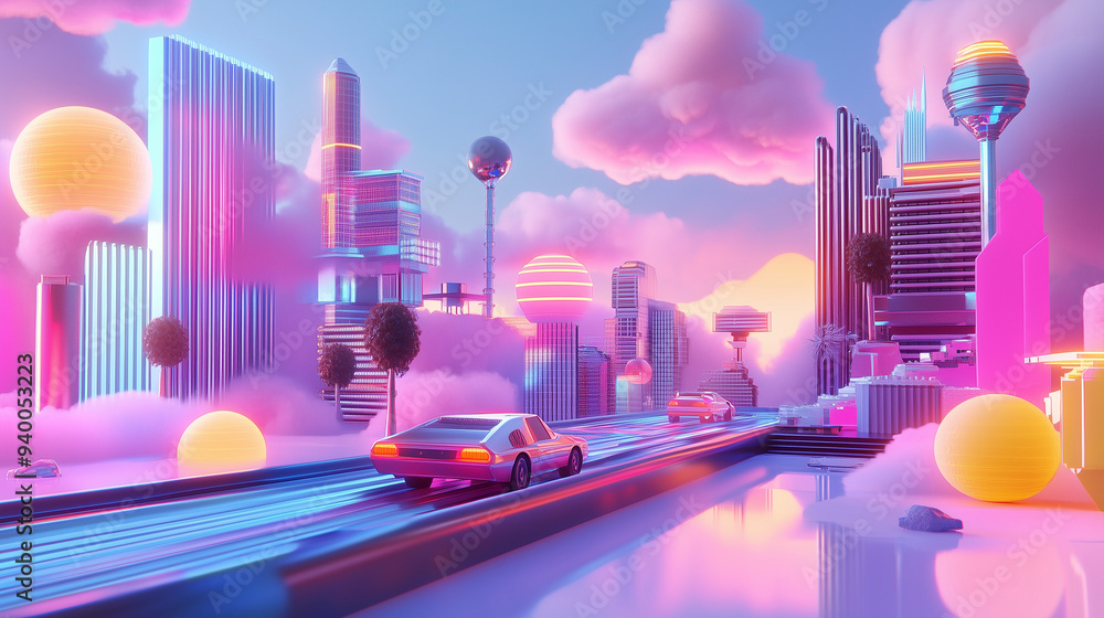 3d Retro futuristic fantasy landscape, world, travel. Acid rave concept ...