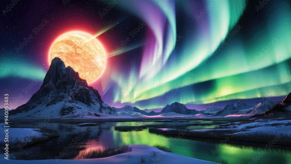 3D illustration of a solar geomagnetic storm with vibrant northern ...