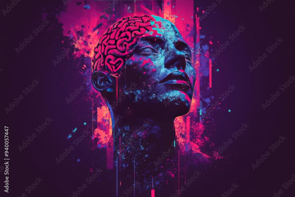 Abstract digital art of a human head dissolving into glowing particles symbolizing the ethereal ...