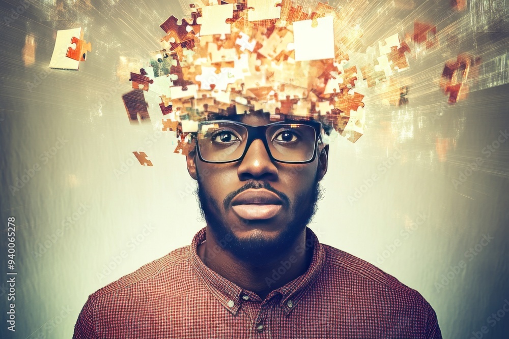 Artistic portrait of a man with puzzle pieces and digital elements ...