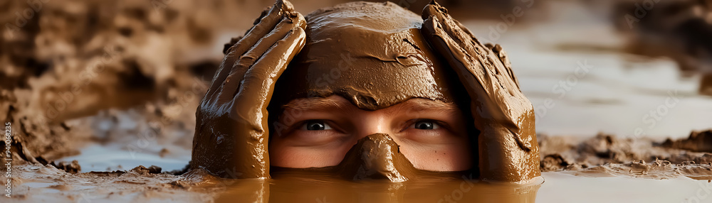 Person covered in mud with visible eyes, hands on head, emerging from ...