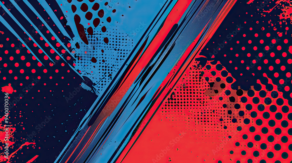 A split-screen comic design in vibrant red and deep blue, with mirrored ...