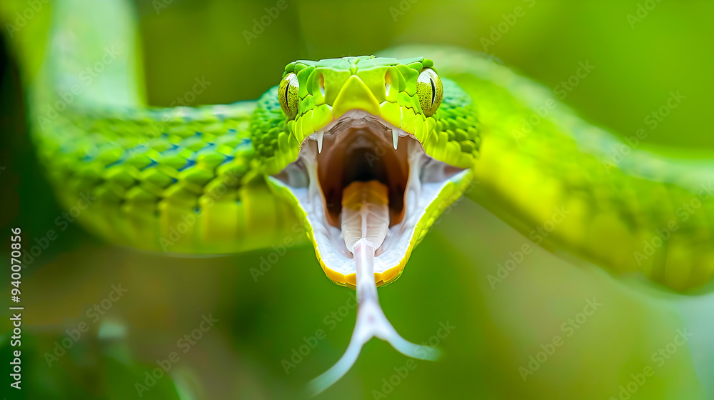 Dramatic close up portrait of a fierce green viper snake with an open ...