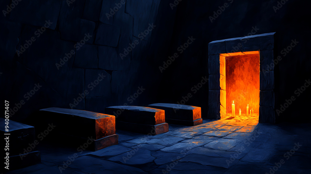 Dimly lit ancient crypt with stone coffins illuminated by candlelight ...