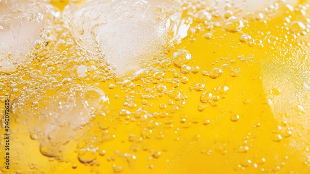 Refreshing yellow soda or juice with ice cubes and bubbles in a close ...