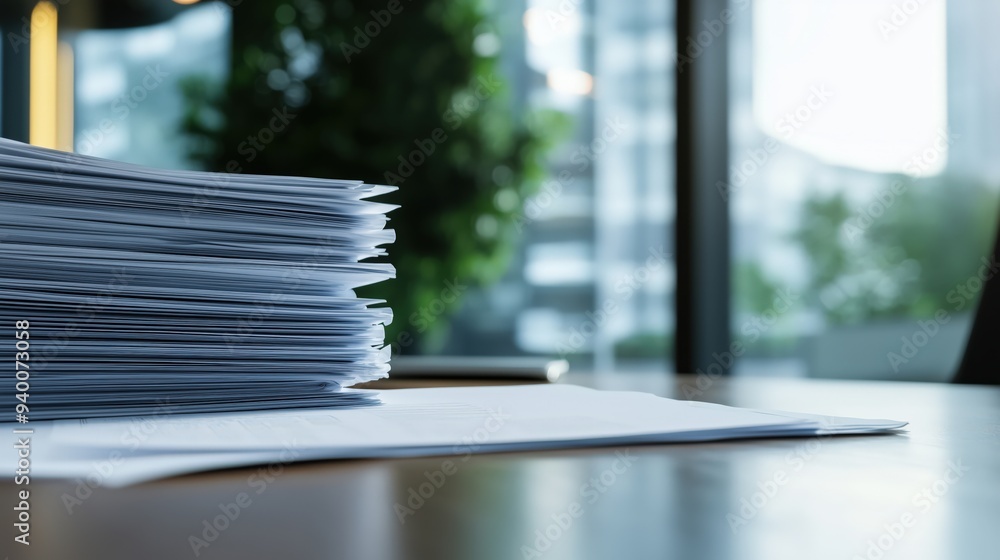 Workplace cluttered with stacks of paper files and documents on a desk ...