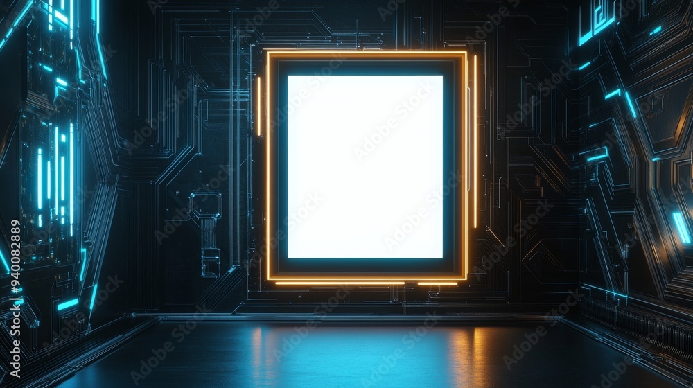 Cyberpunk Portal: A blank, luminous rectangle glows within a dark ...