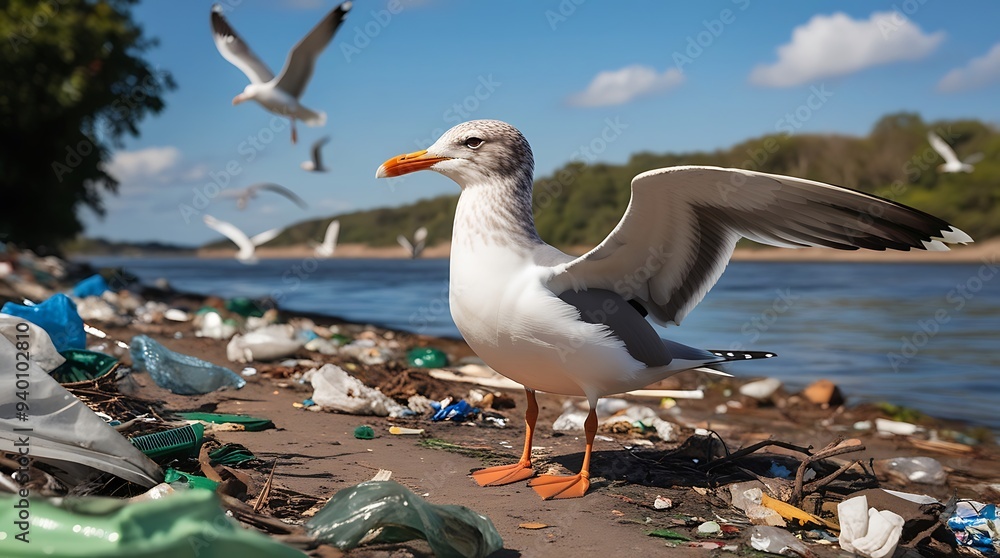 A bird amidst plastic waste by a polluted river, highlighting the ...