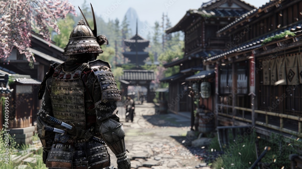 Model a samurai in a historical Japanese village setting, with detailed ...
