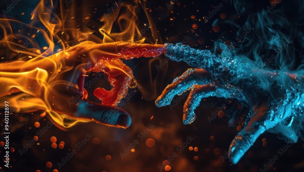 Two hands reaching towards each other, one hand is made of water and ...