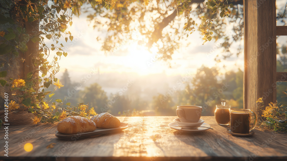 hyper-realistic, realistic, good morning, coffee, croissant, farm ...