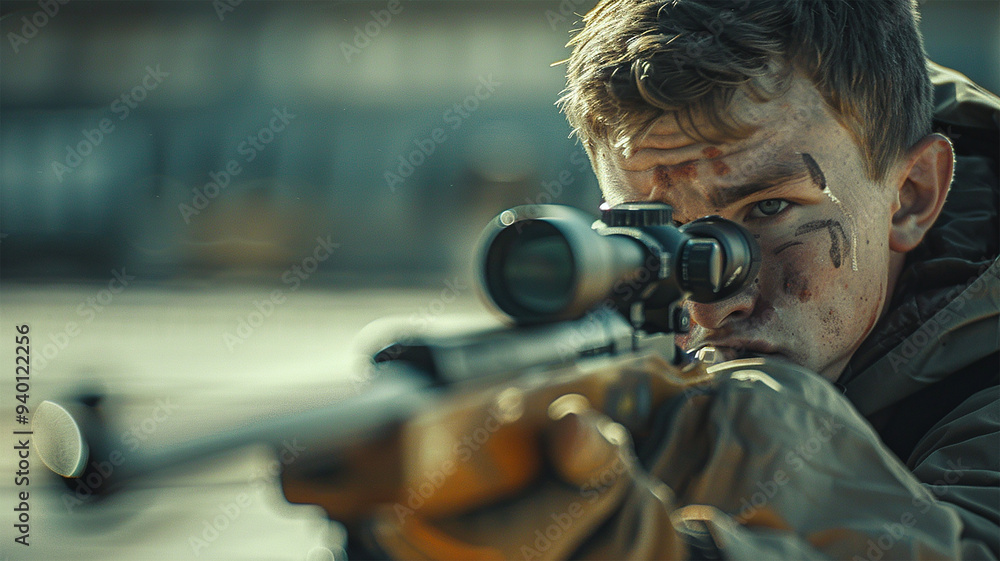 photo of a shooter aiming a rifle during an Olympic event, intense ...