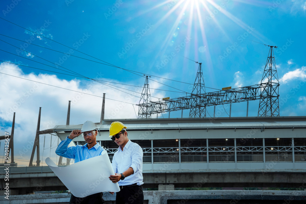 Two men engineer look at blueprint architecture building contractor ...