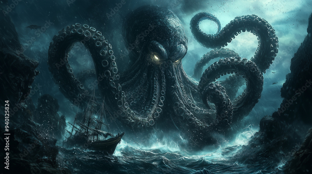 An ancient, mythical squid rising from the depths of the ocean, its ...