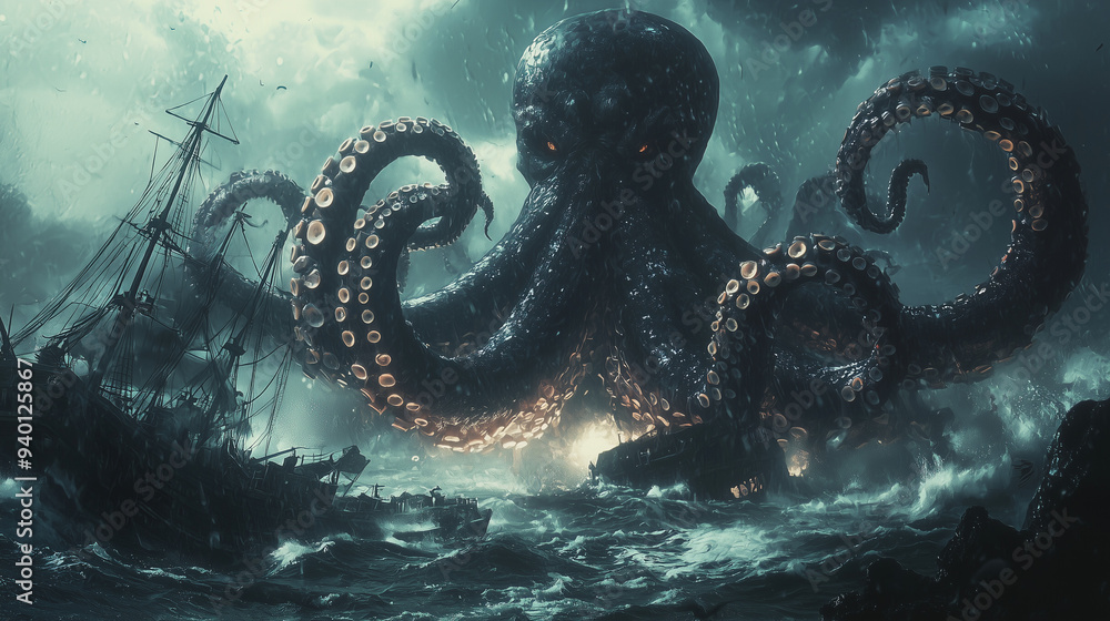 An ancient, mythical squid rising from the depths of the ocean, its ...