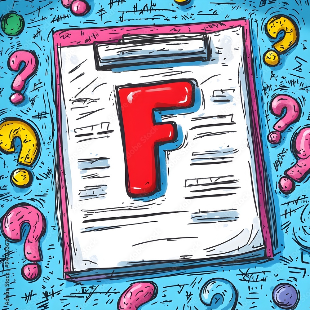Doodles of Exam Paper with Big Red F and Playful Question Marks Stock ...