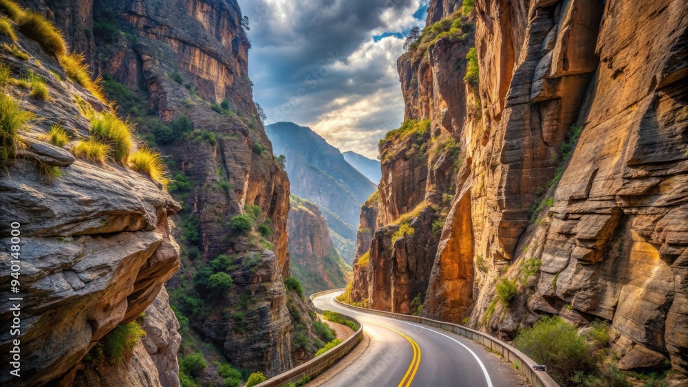Mountain road winding through gorge between sheer cliff and cliff ...