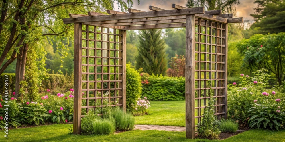 Weathered wood trellis in a rustic garden setting, weathered, wood ...