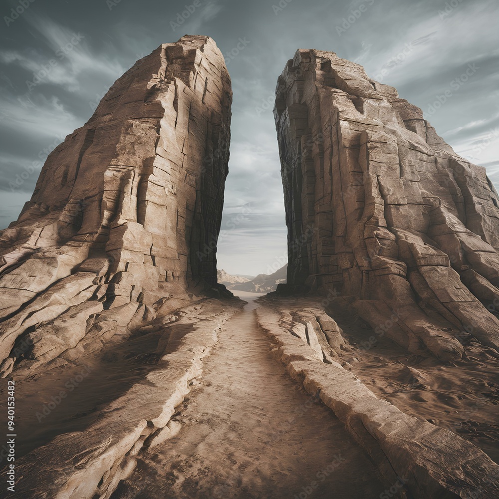 Massive twin rock formations in a narrow desert canyon passage, under a ...