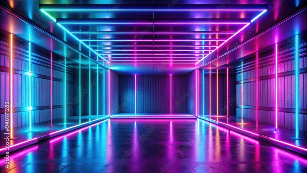 Abstract empty interior with neon lighting and decorative elements ...