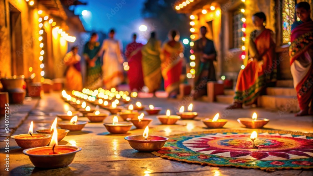 Village celebration with candles during Diwali, festive, tradition ...