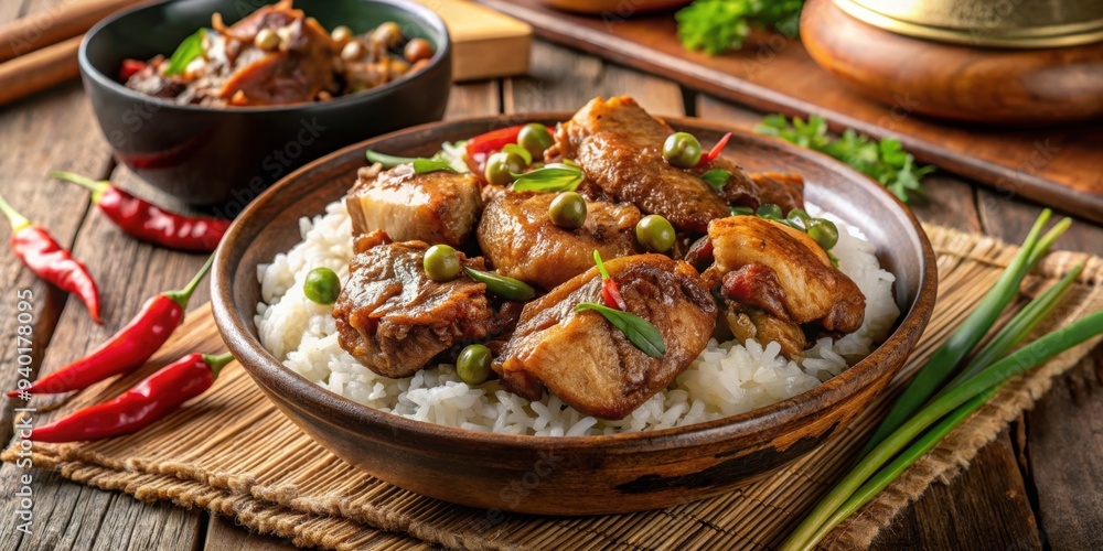 Hearty Filipino adobo dish with chicken and pork in flavorful marinade ...