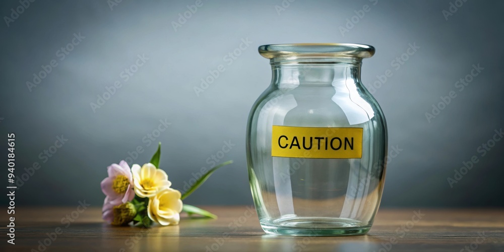 Delicate glass vase with caution label , fragile, handle with care ...