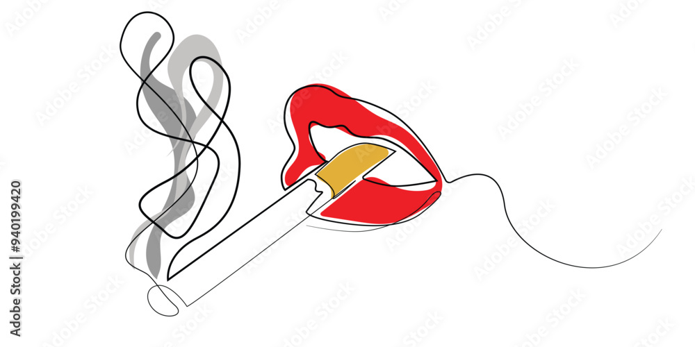 line art drawing of lips smoking a cigarette.one line drawing of red ...