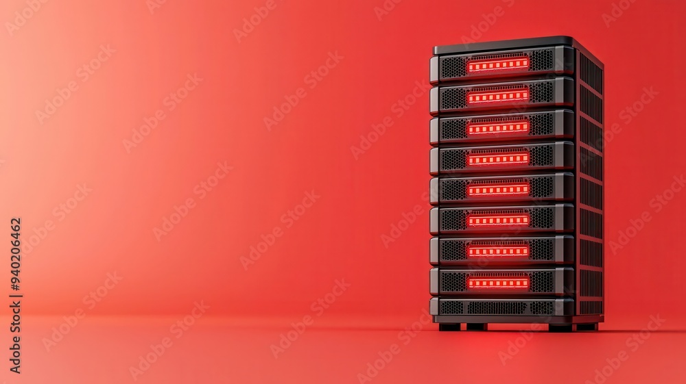 A 3D model of a server, under cyber attack with flashing red alerts ...