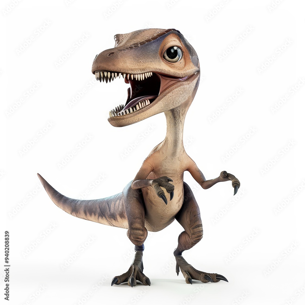 A smiling Compsognathus character rendered in 8k resolution with cel ...