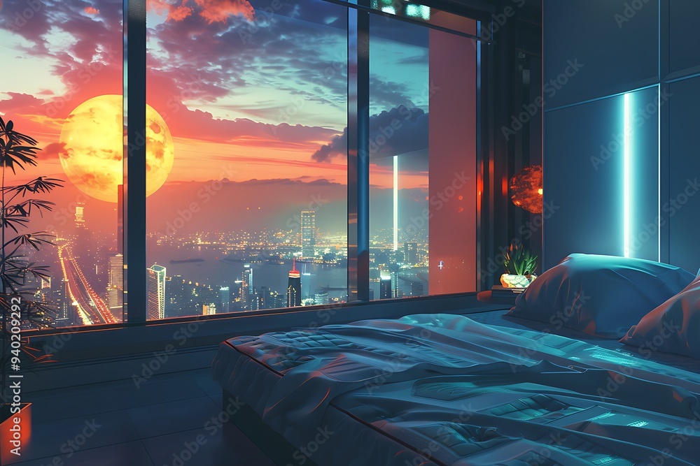 bed mattress in a bedroom futuristic city sci-fi lo-fi room ocean view ...