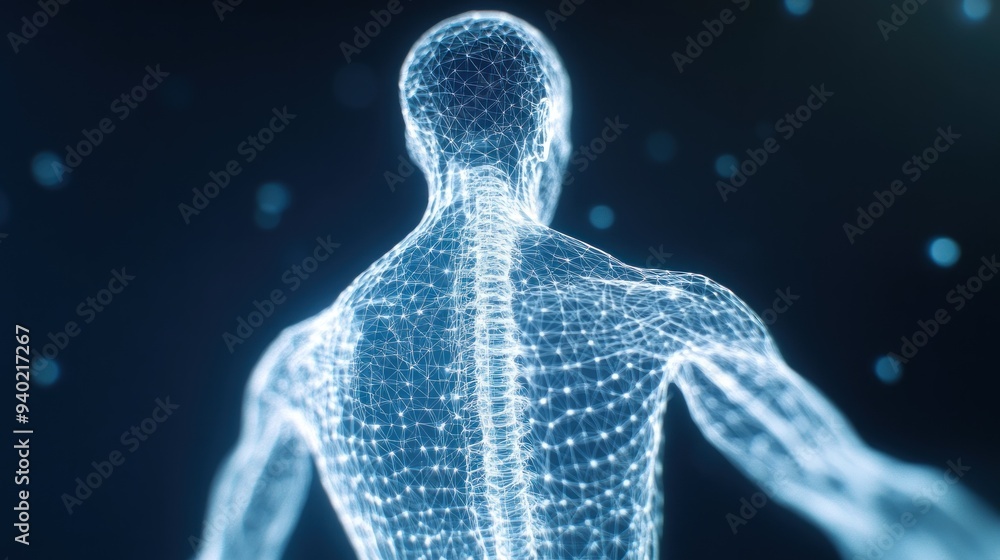 Digital representation of a human figure formed by luminous lines and ...