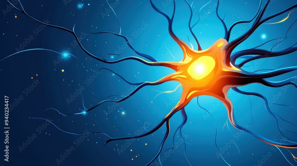 A striking neuron design with a glowing soma and axon, enhanced by ...