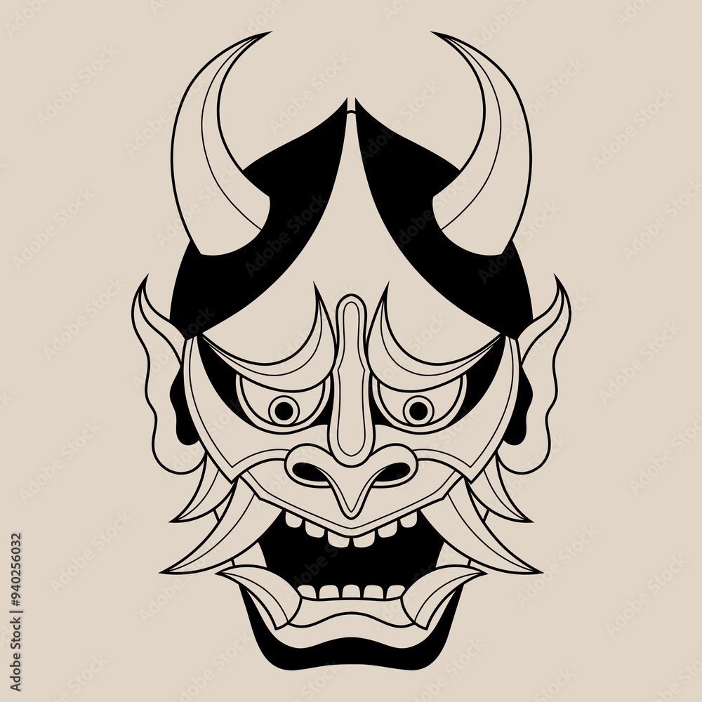 Hand drawn traditional tattoo of a Japanese oni mask outline 27 Stock ...