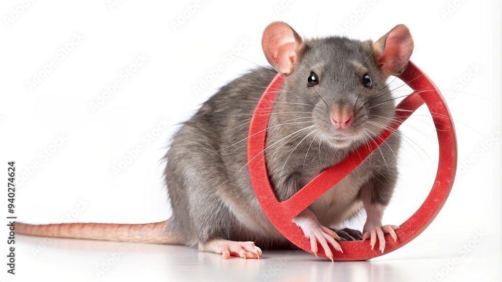 Cute gray rat sitting inside a prohibition sign, rodent, pet, symbol ...
