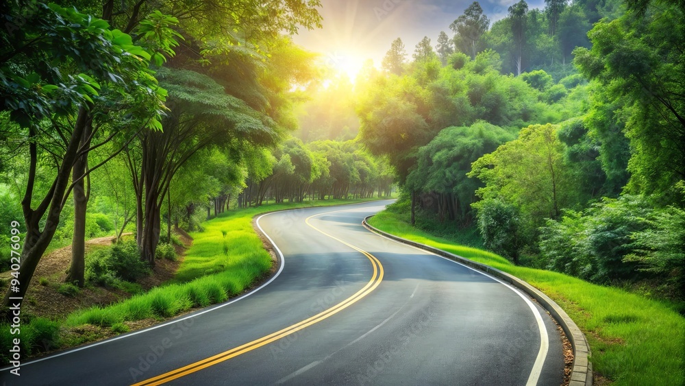 Curved asphalt road surrounded by greenery render, curve, asphalt, road ...