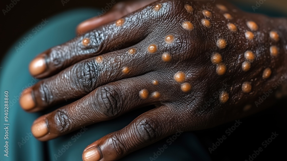 Monkeypox. Human Hand with Large Raised Blisters. Monkeypox. human hand ...