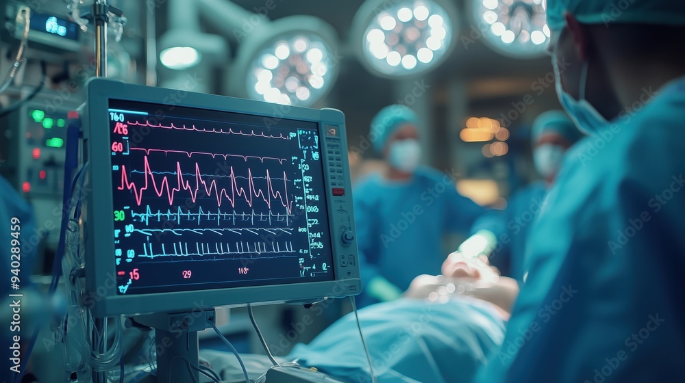 Heart Monitor Display in Operating Room. Close-up of a heart monitor ...