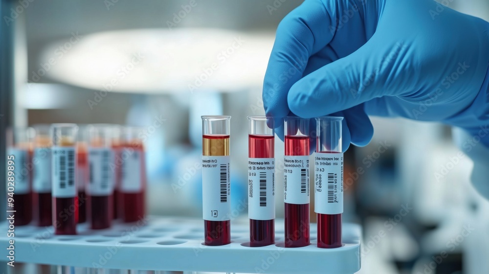 Hand Selecting Blood Sample Vial in Lab. Gloved hand selecting a blood ...