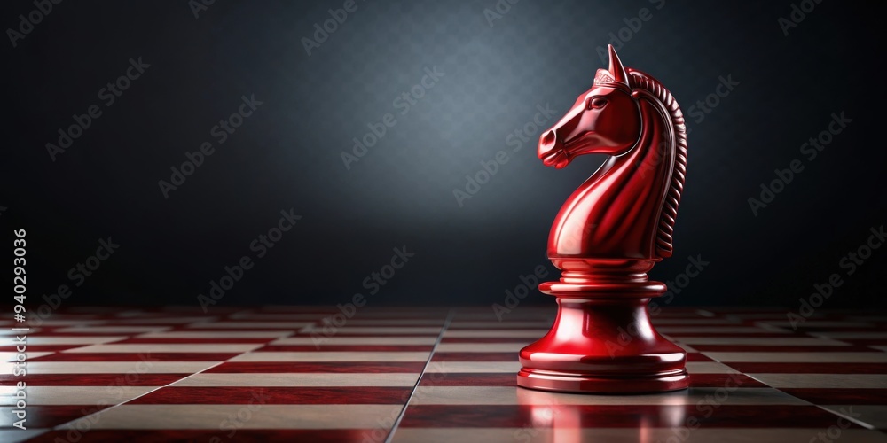 Red chess knight in rendering on a chessboard , strategy, game, chess ...