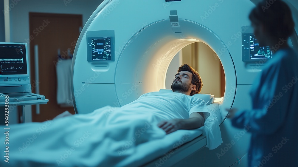 Doctor Preparing for MRI Scan Procedure. Doctor prepares to conduct an ...