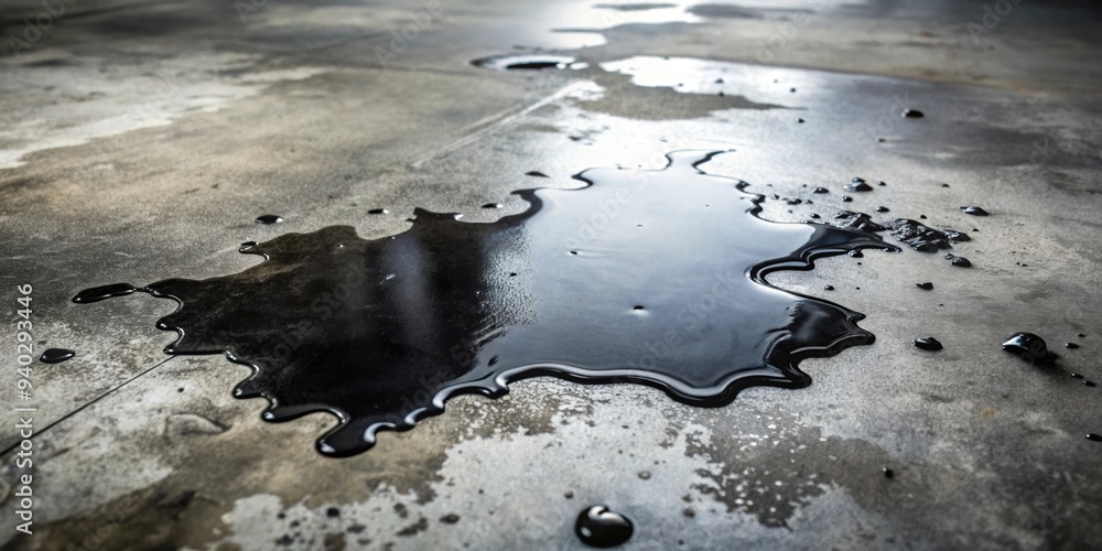 Black engine oil leak on concrete floor with grey, black, and silver ...