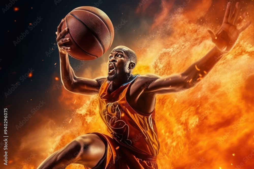 Intense basketball player in mid-action on a fiery background ...