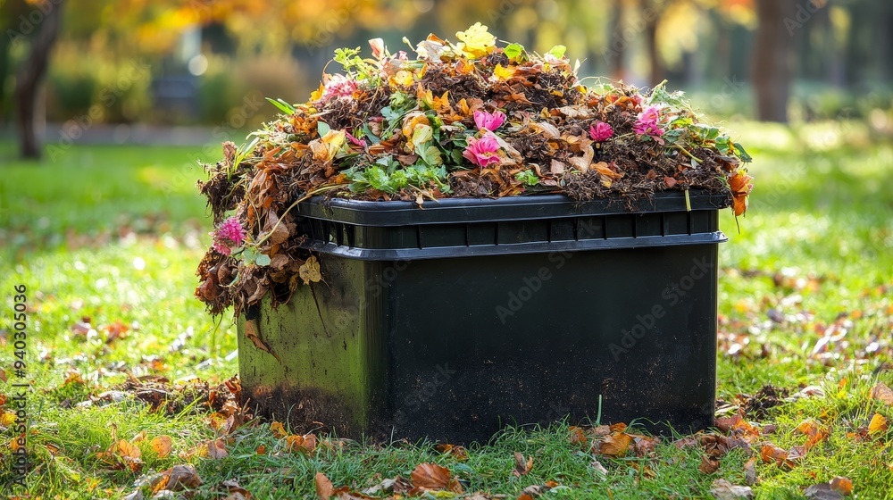 A black plastic compost bin overflowing with grass clippings, leaves ...