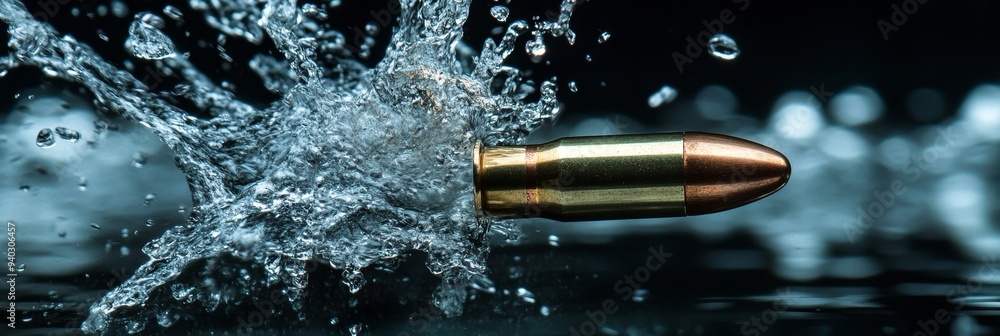 A bullet pierces the surface of water, creating a dramatic splash and a ...